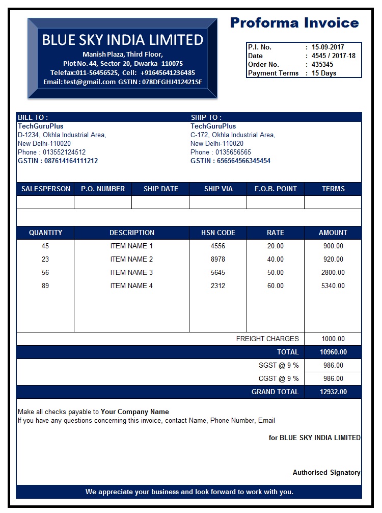 Proforma Invoice Format In Excel Sheet Free Download xls