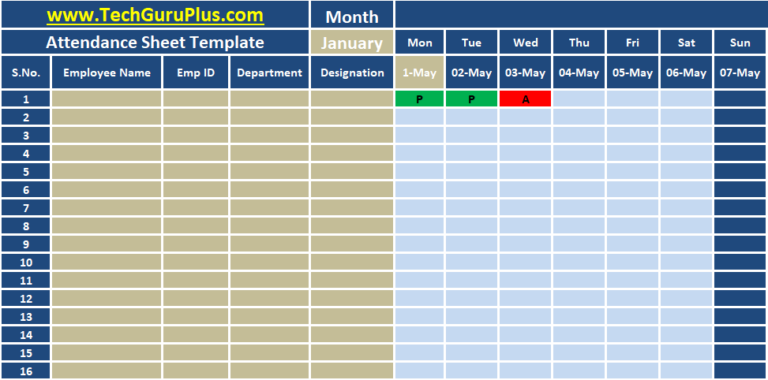Monthly Attendance Templates in MS Excel (.xls) Download