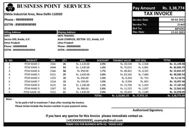 Tax Invoice Template of GST Invoice Format in Excel (Download .xlsx file)