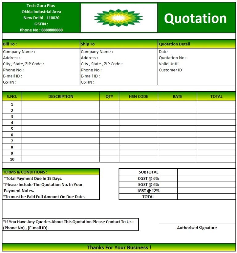 [Excel] Quotation Format in Excel FREE Templates Download (.xls)