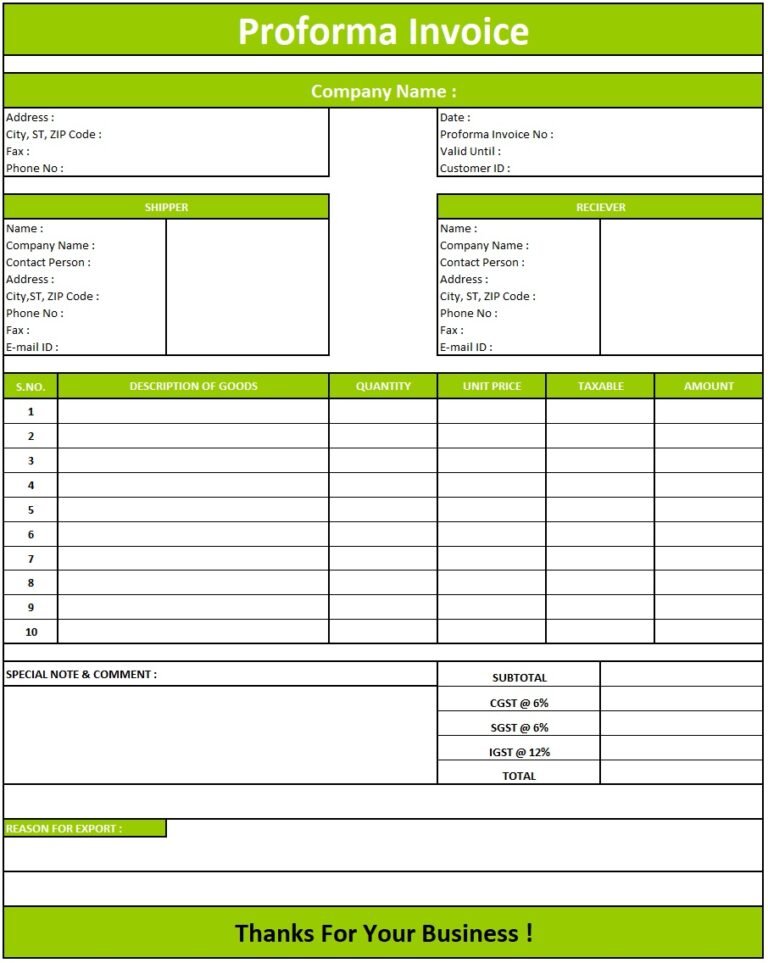 Proforma Invoice Format in Excel Sheet Free Download .xls