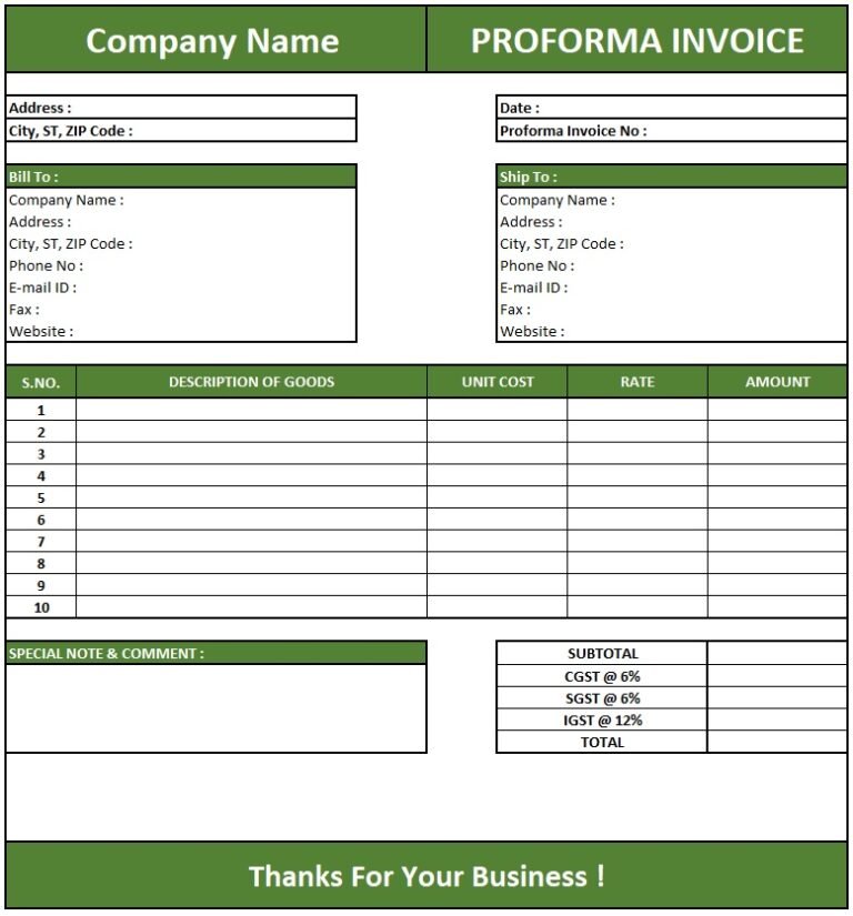 Proforma Invoice Format for Export in Excel