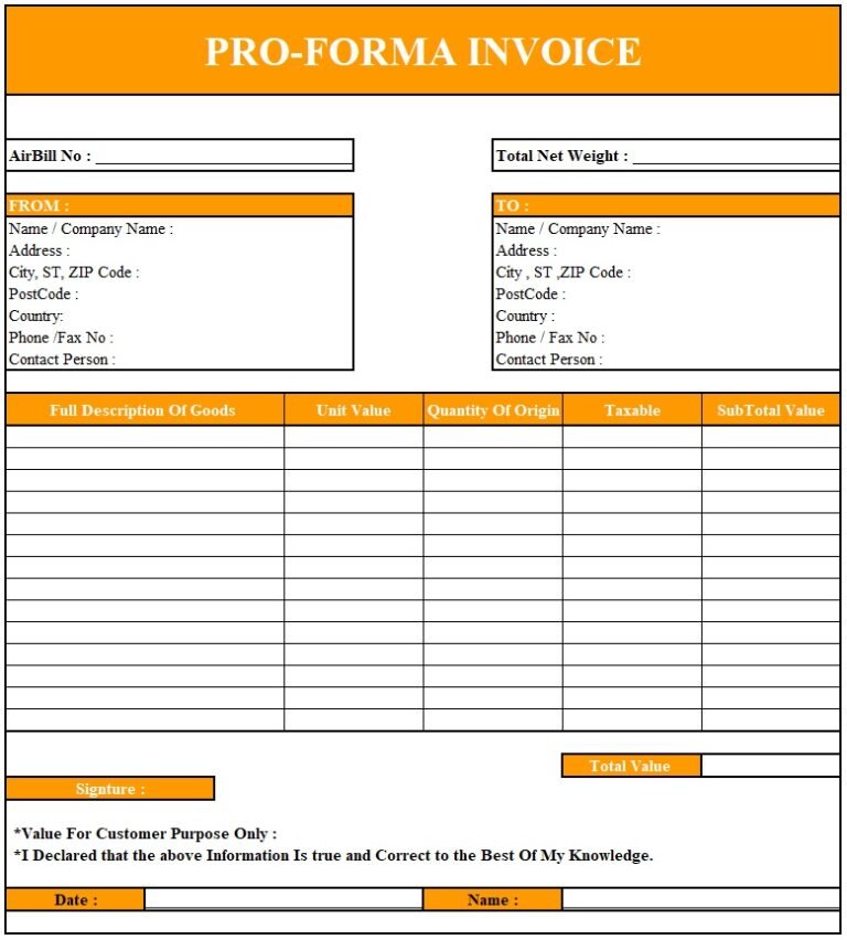 Proforma Invoice Format in Excel Sheet Free Download .xls