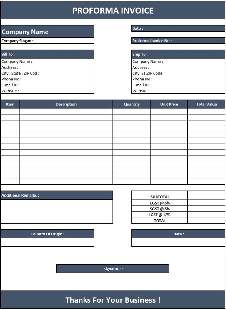 Proforma Invoice Format in Excel Sheet Free Download .xls