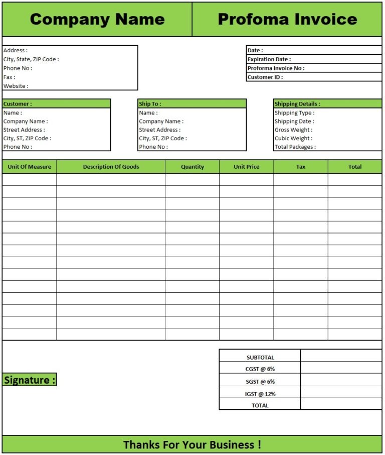 Proforma Invoice Format in Excel Sheet Free Download .xls