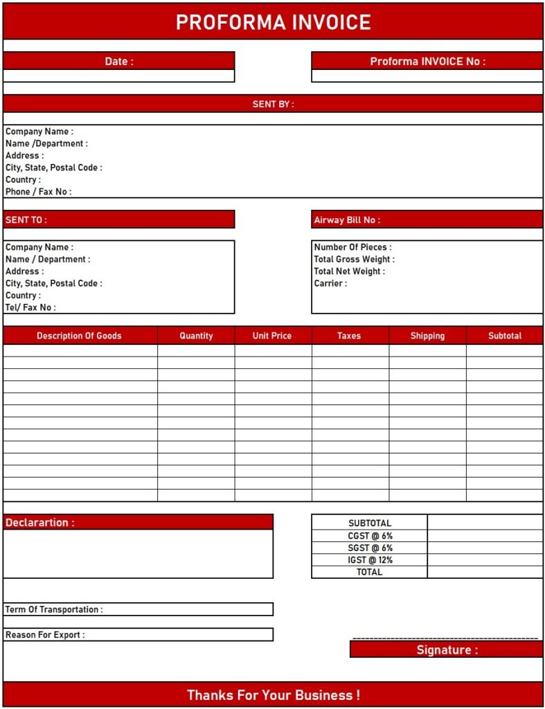 Proforma Invoice Format in Excel Sheet Free Download .xls