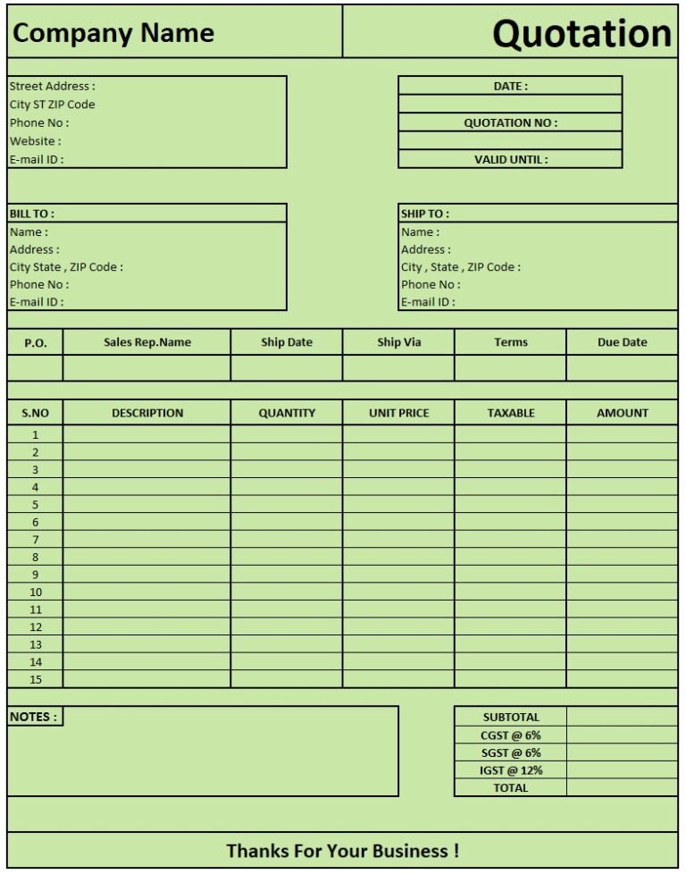[Excel] Quotation Format in Excel FREE Templates Download (.xls)