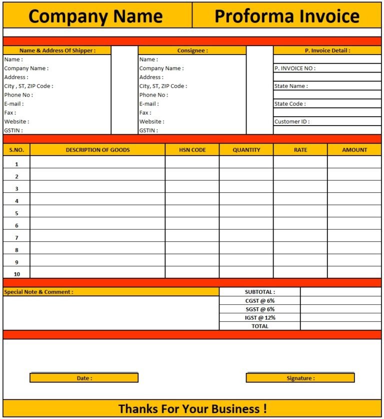 Proforma Invoice Format in Excel Sheet Free Download .xls