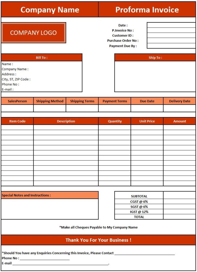 Proforma Invoice Format in Excel Sheet Free Download .xls