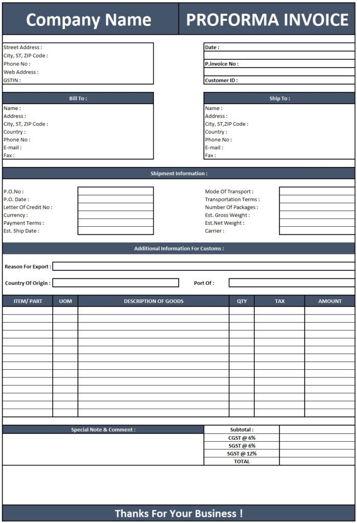 Proforma Invoice Format in Excel Sheet Free Download .xls