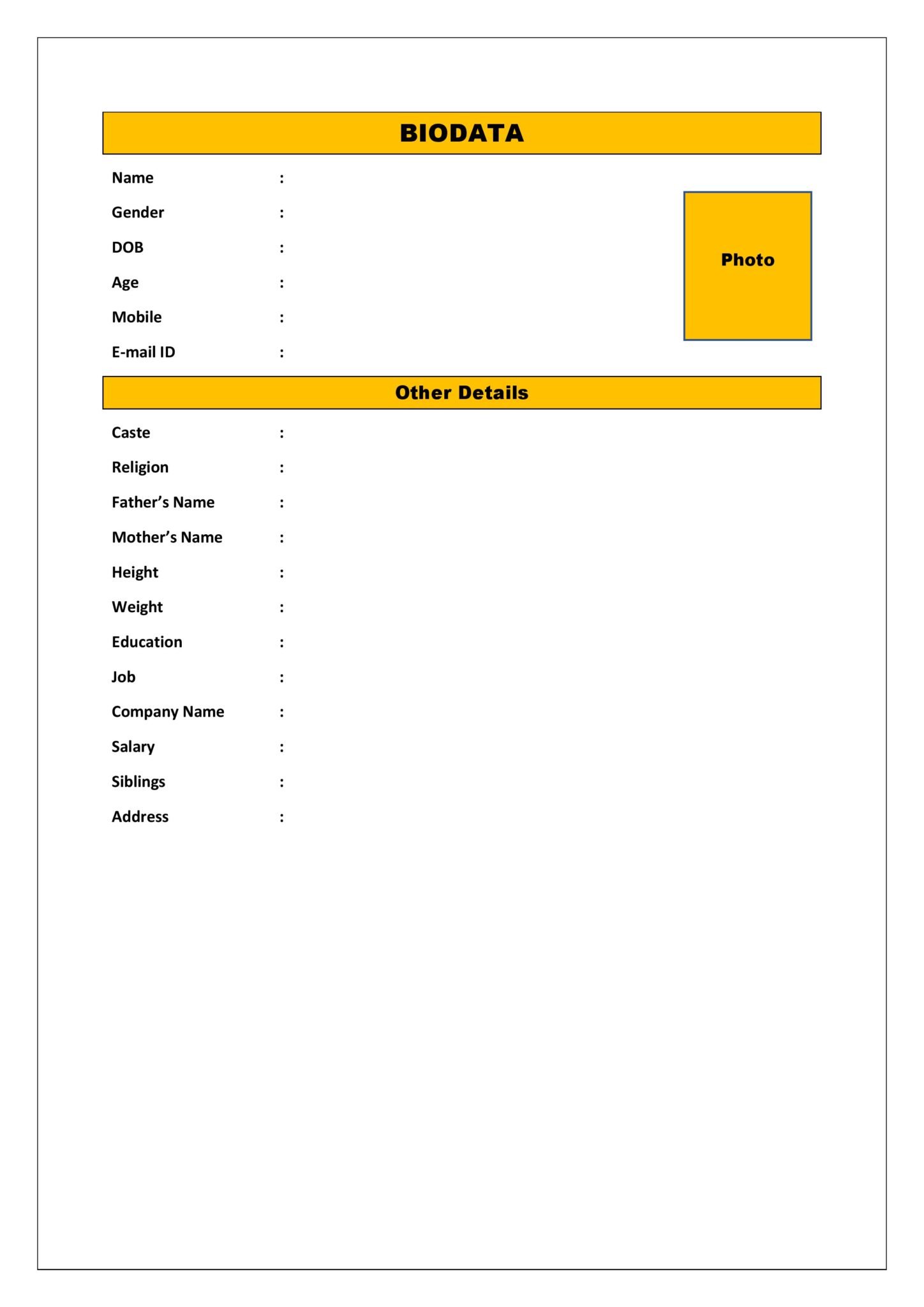 Marriage Biodata Format with Table Layout (Download Word .docx)