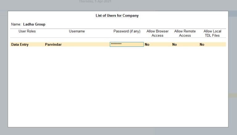 Tally Prime - Create Users and Passwords, Remove Users, Security Levels