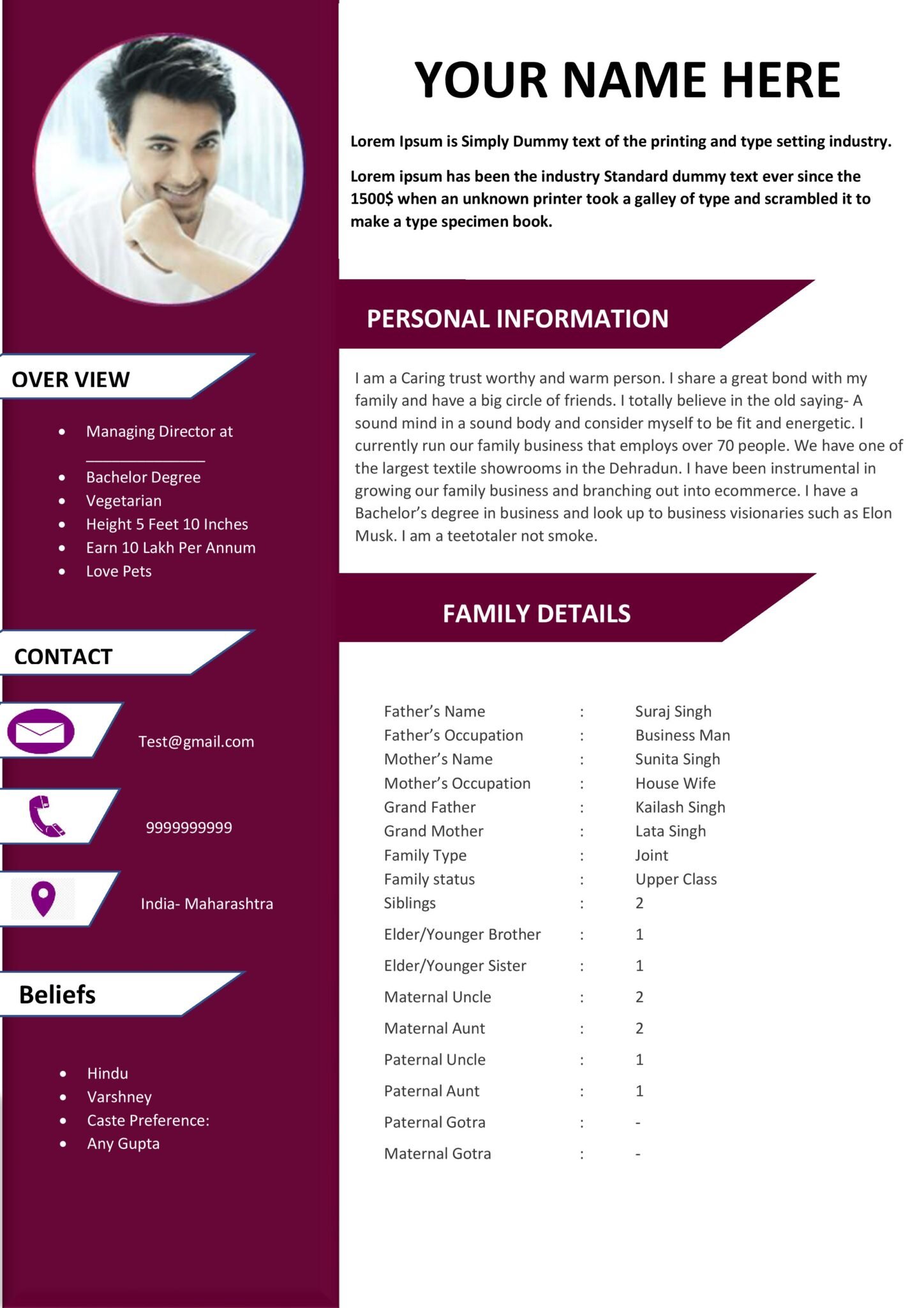 Download - Template For Marriage Biodata (Word-PDF) Editable