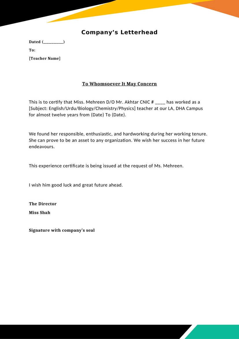 Template For Experience Certificate