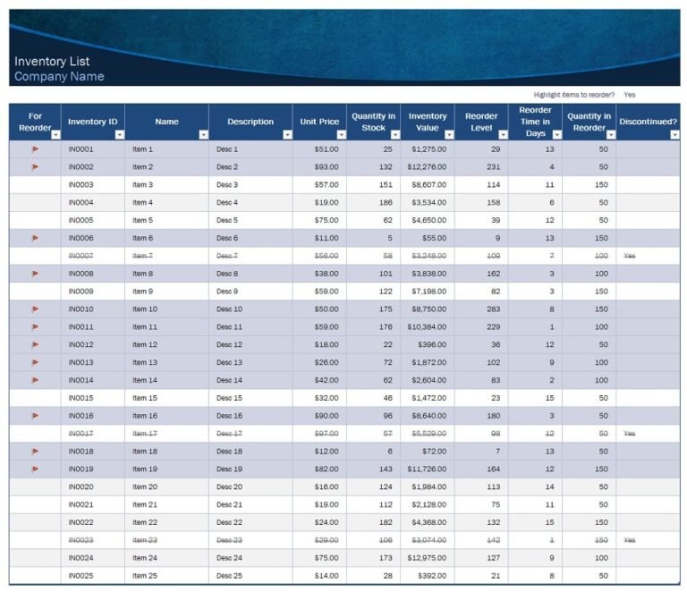 Inventory List Template in Excel (Download.xlsx)