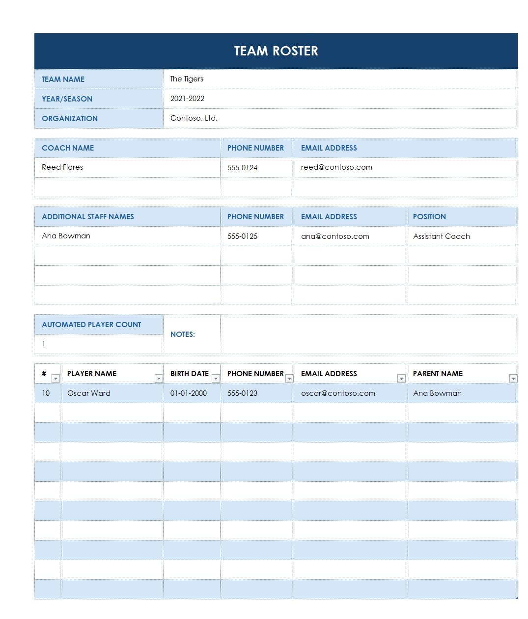 Sports Taeam Roster Template In Excel Download Xlsx