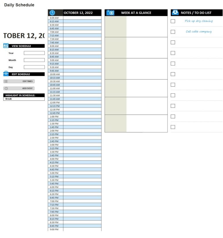 Daily Work Schedule Template In Excel (Download.xlsx)