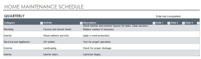 Home Maintenance Schedule And Task List Template In Excel (Download.xlsx)