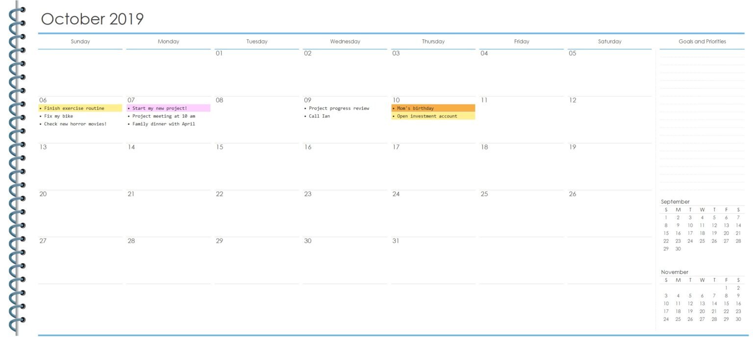 Monthly Personal Planner Template In Excel (Download.xlsx)