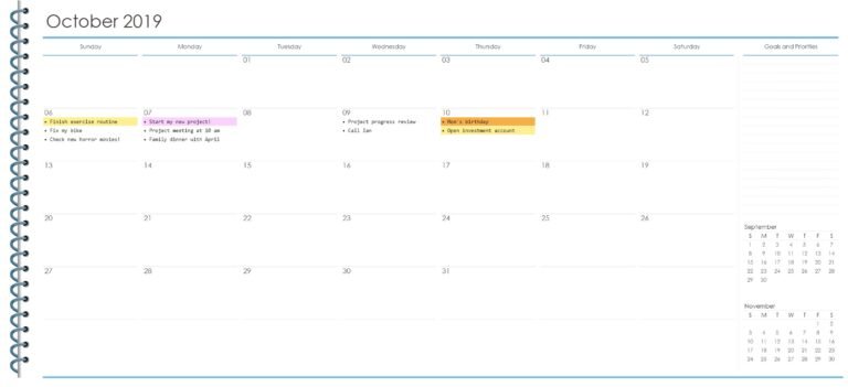 Monthly Personal Planner Template In Excel (Download.xlsx)