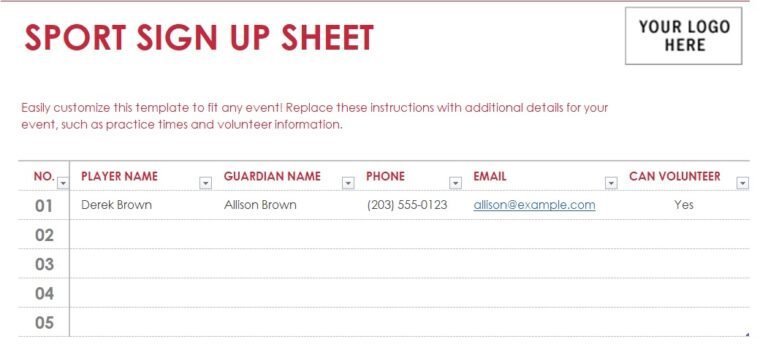 Sport Sign-Up Sheet Template In Excel (Download.xlsx)