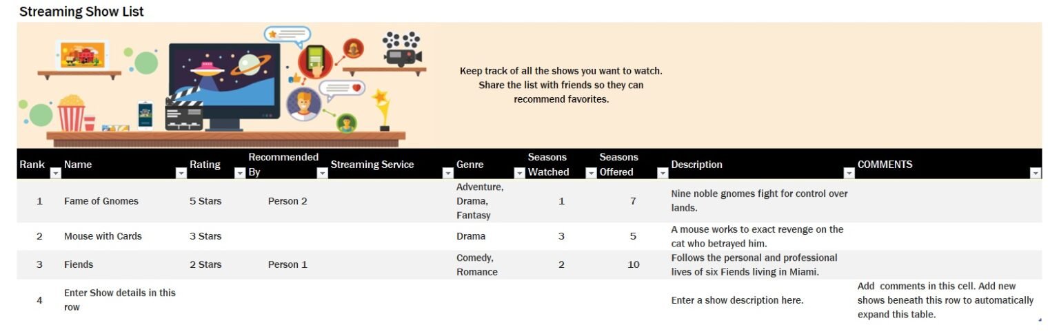 Streaming Show List Template In Excel (Download.xlsx)