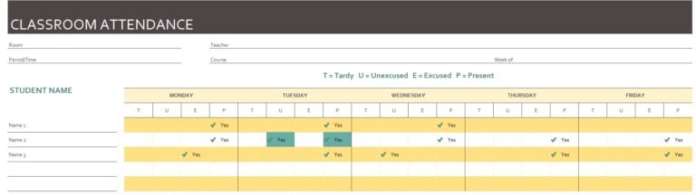 Weekly Class Attendance Record Template In Excel (Download.xlsx)