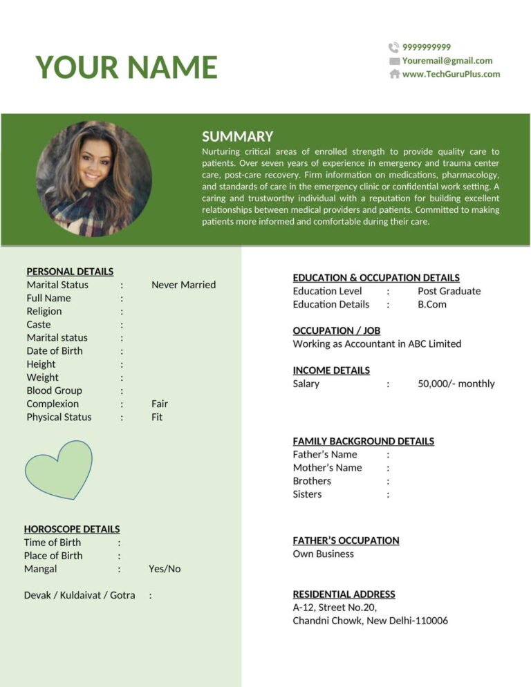 Stylish Marriage Biodata-Word Format (.docx & .PDF) Download