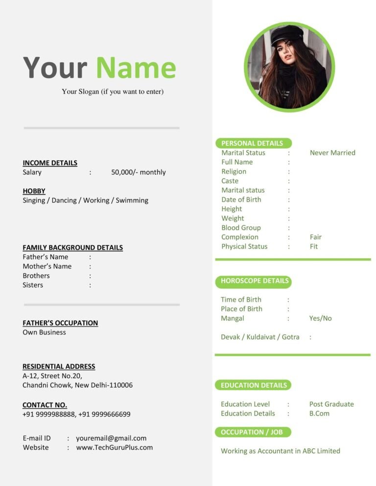 Download - Template For Marriage Biodata (Word-PDF) Editable