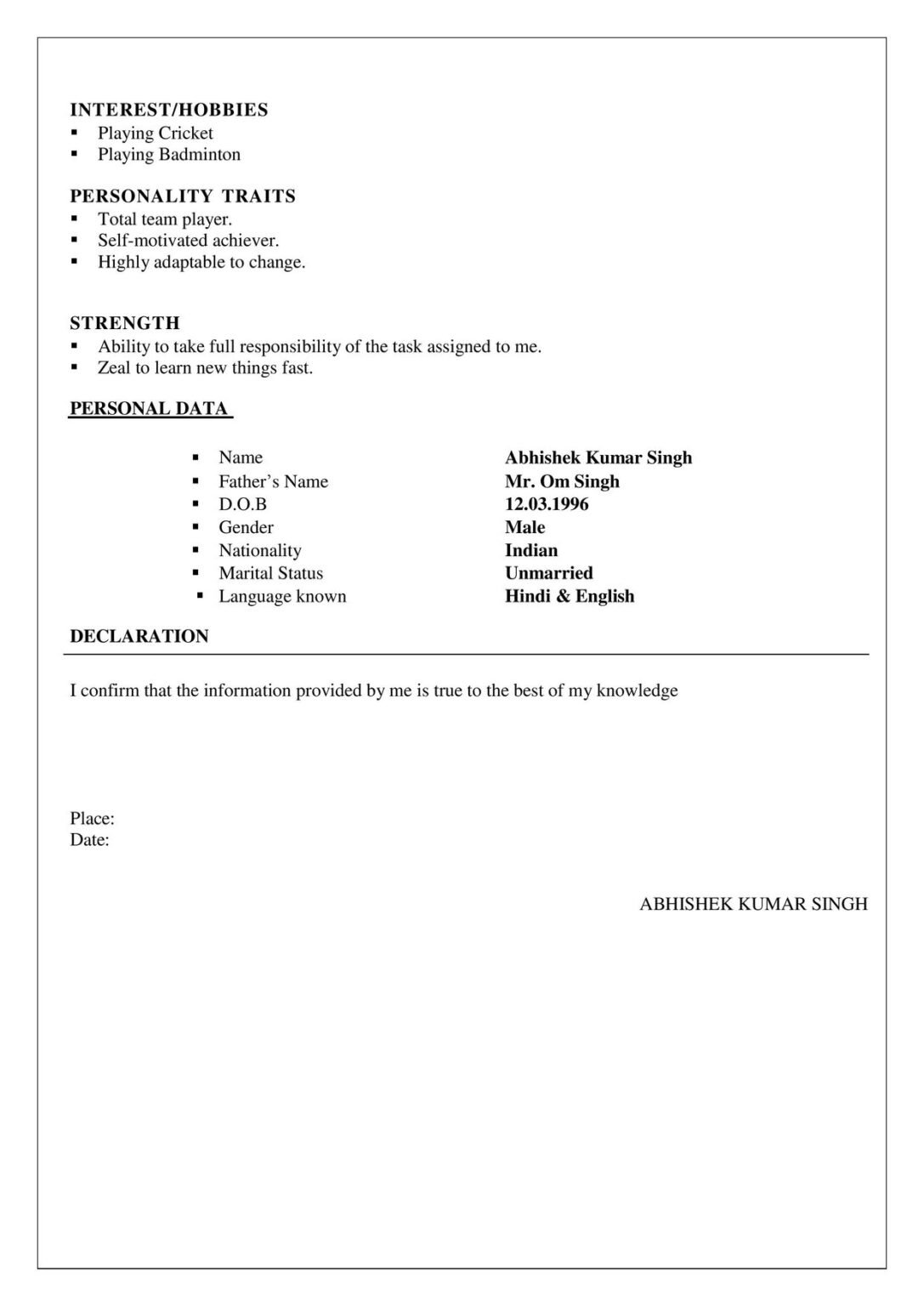 Download Fresher Resume Format Free (2 Page)