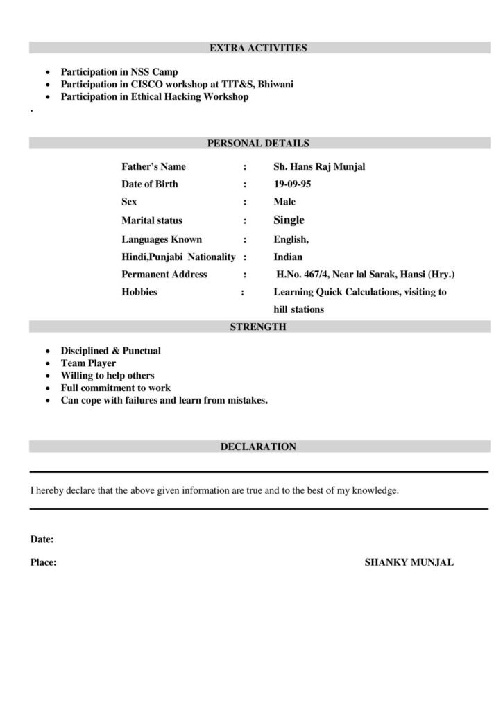 Fresher Resume/CV Format Doc File (2 Page) Editable
