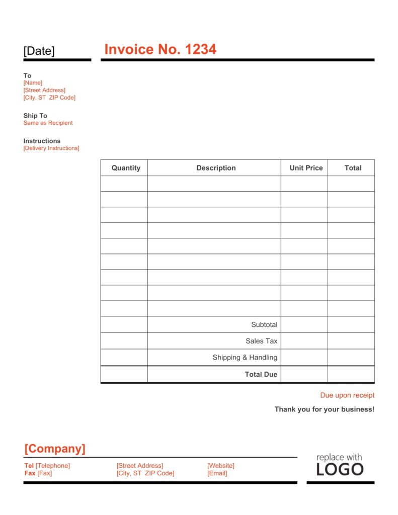Business invoice Basic Template In Word (.Docx File Download)