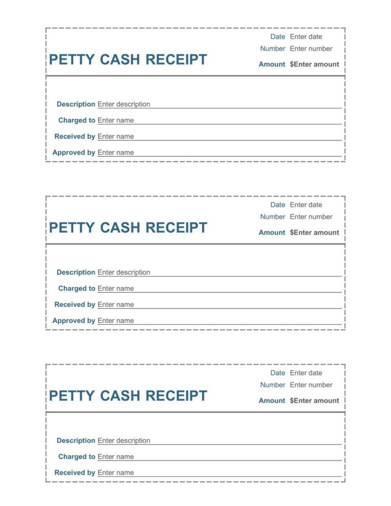 Petty cash receipt 3 per page Template In Word (.Docx File Download)