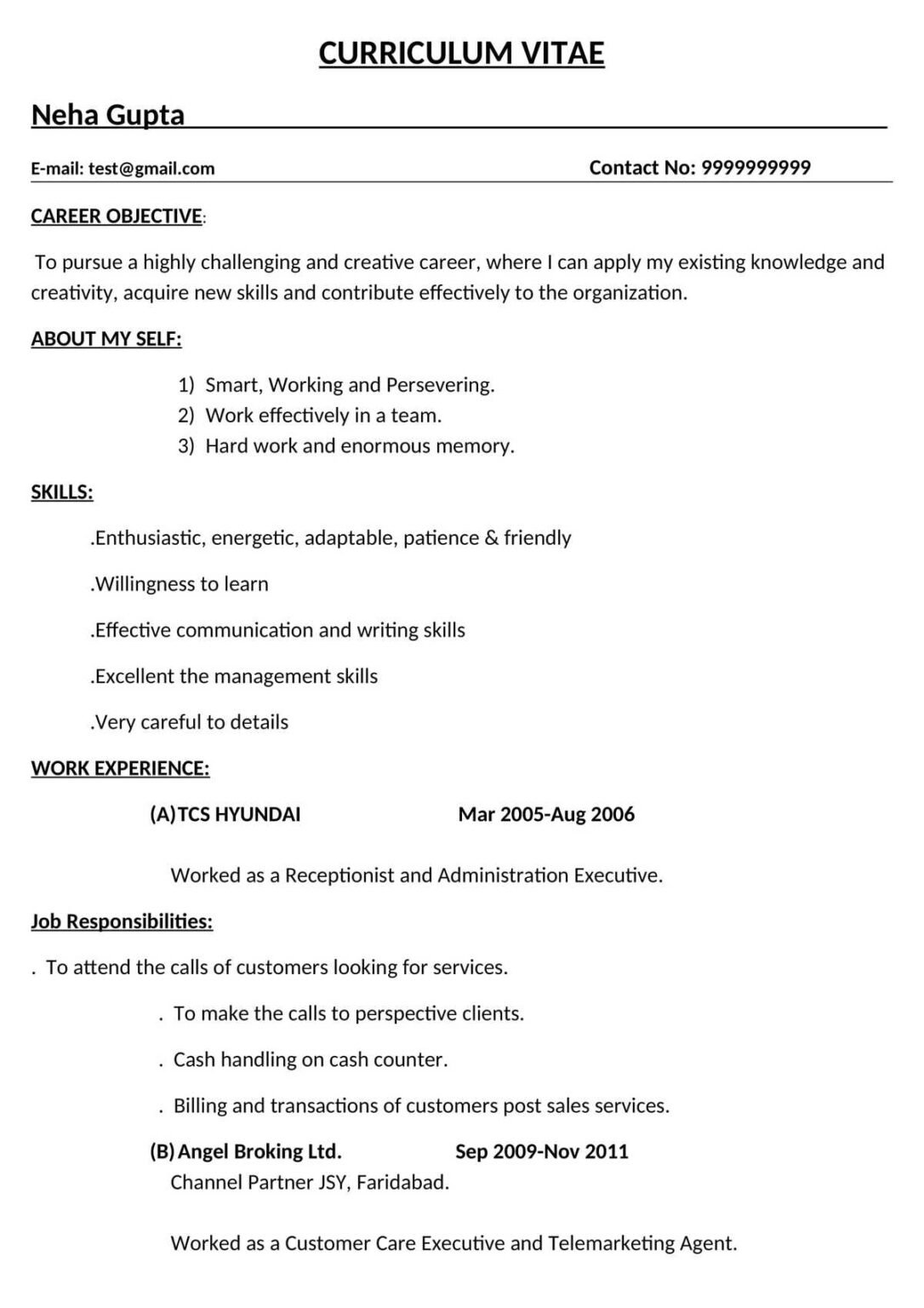 9 Resume / CV Format (for Data Entry Job, BPO Job) Download in Word