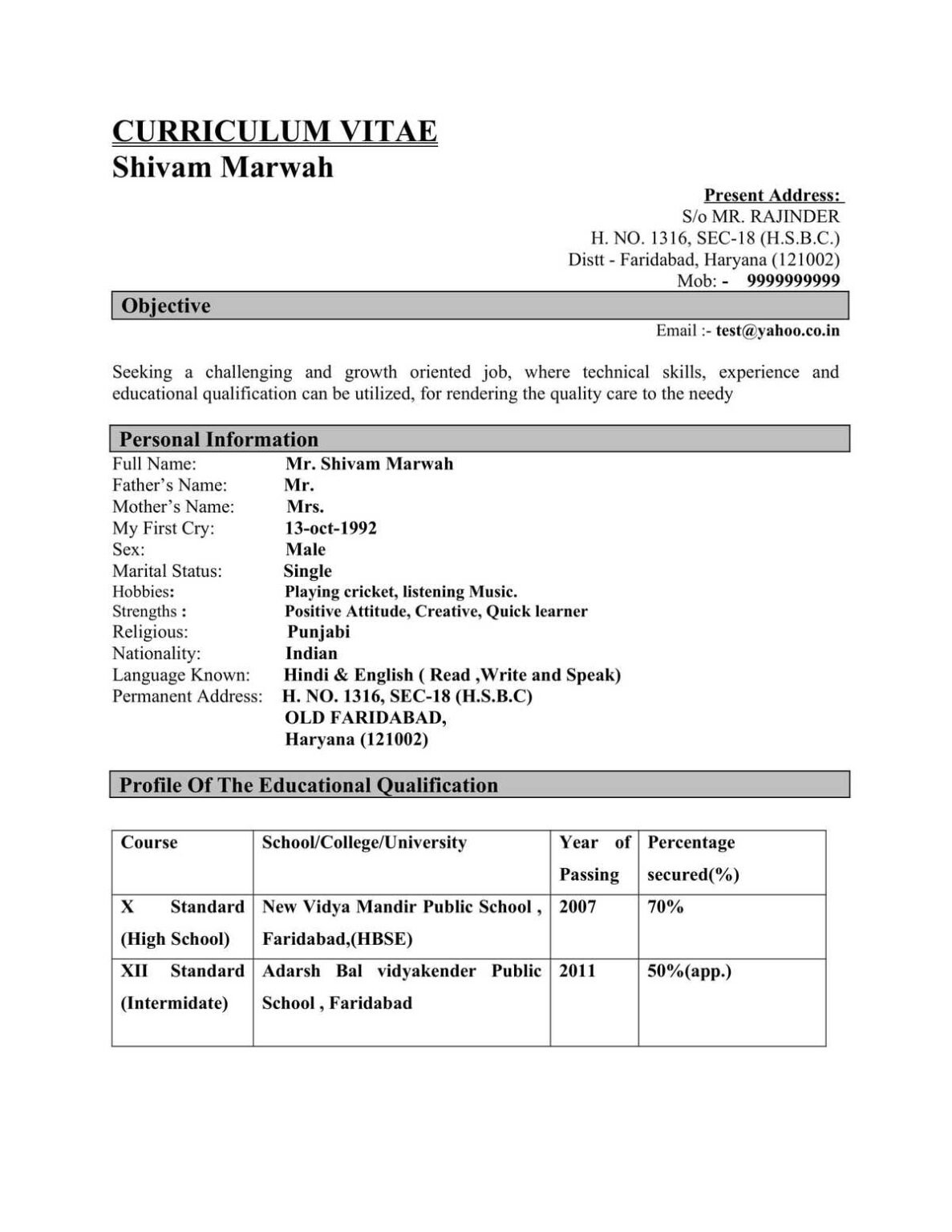 Fresher Resume Format in Word File Download (2 Page-A4 Size)