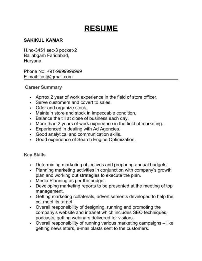 Fresher Resume Format in Word File Download (2 Page-A4 Size)