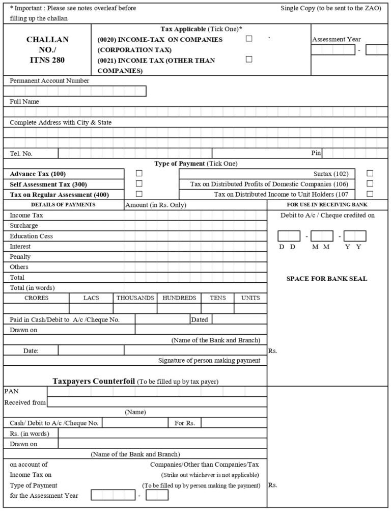Challan ITNS 280 Download in Excel & PDF (FREE)