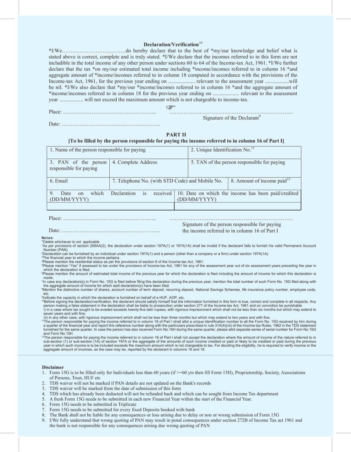 HDFC Bank FORM No. 15G In PDF Download
