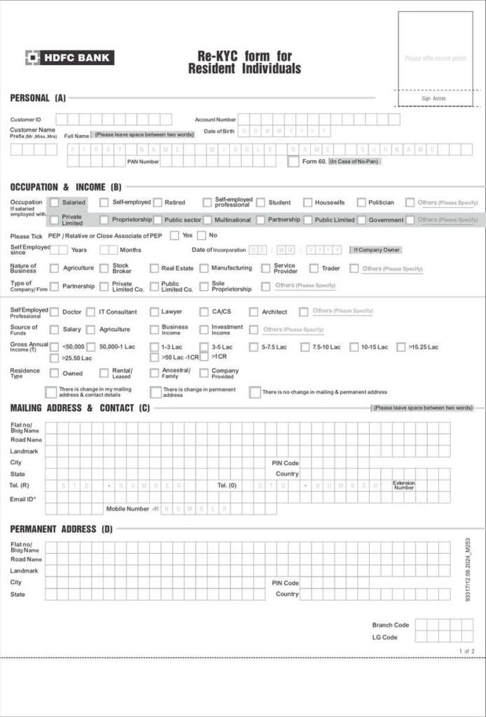 HDFC Bank Dormant Activation and REKYC Updation Form For Non ...
