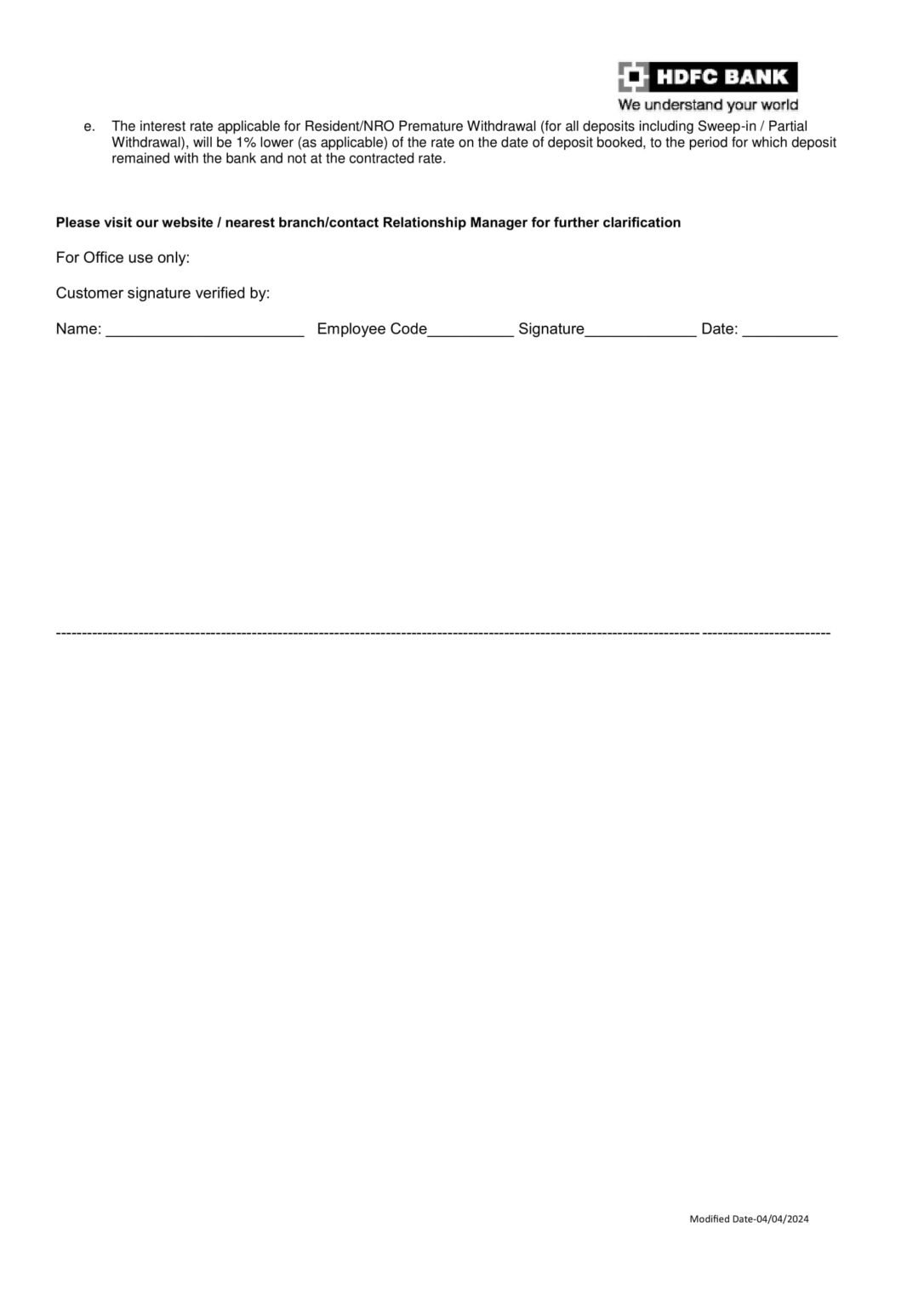 HDFC Bank Request Form for Premature Liquidation of Term Deposit