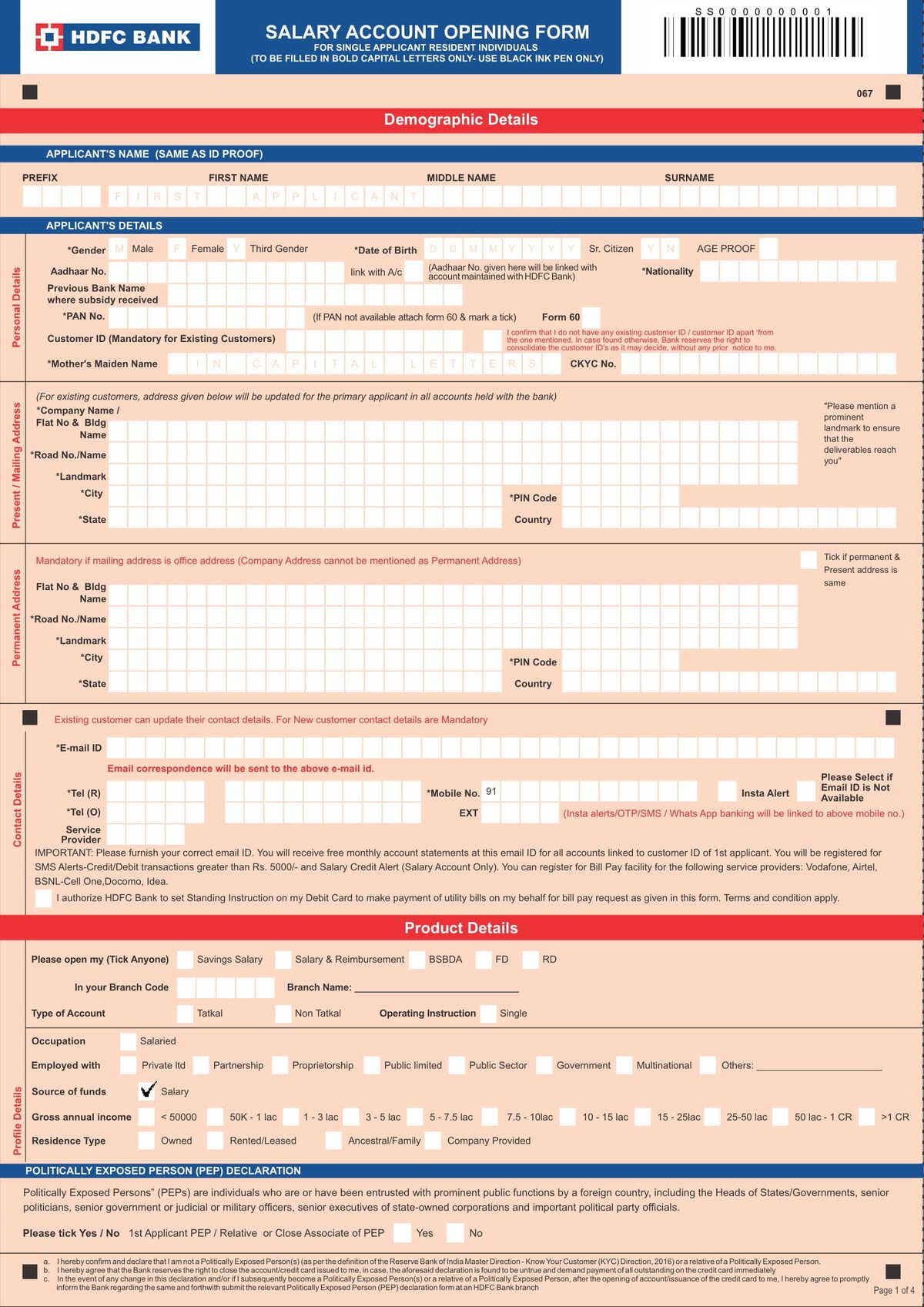 HDFC Bank Salary Account Opening Form In PDF Download HDFC Bank Salary Account Opening Form In PDF Download