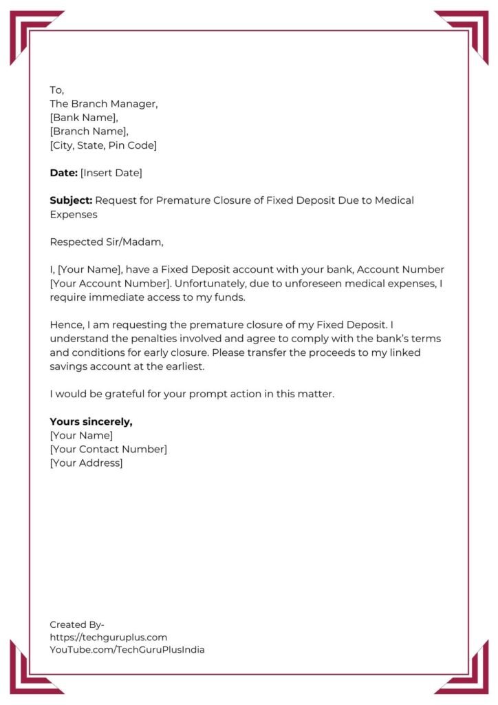 Application for Premature Closure of Fixed Deposit Account from any ...