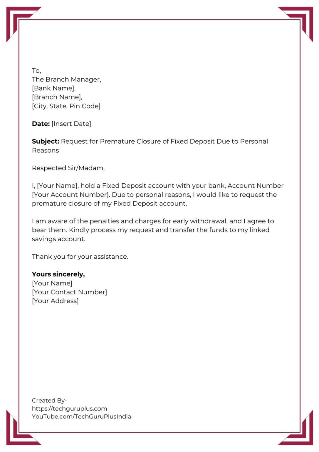 Application for Premature Closure of Fixed Deposit Account from any ...