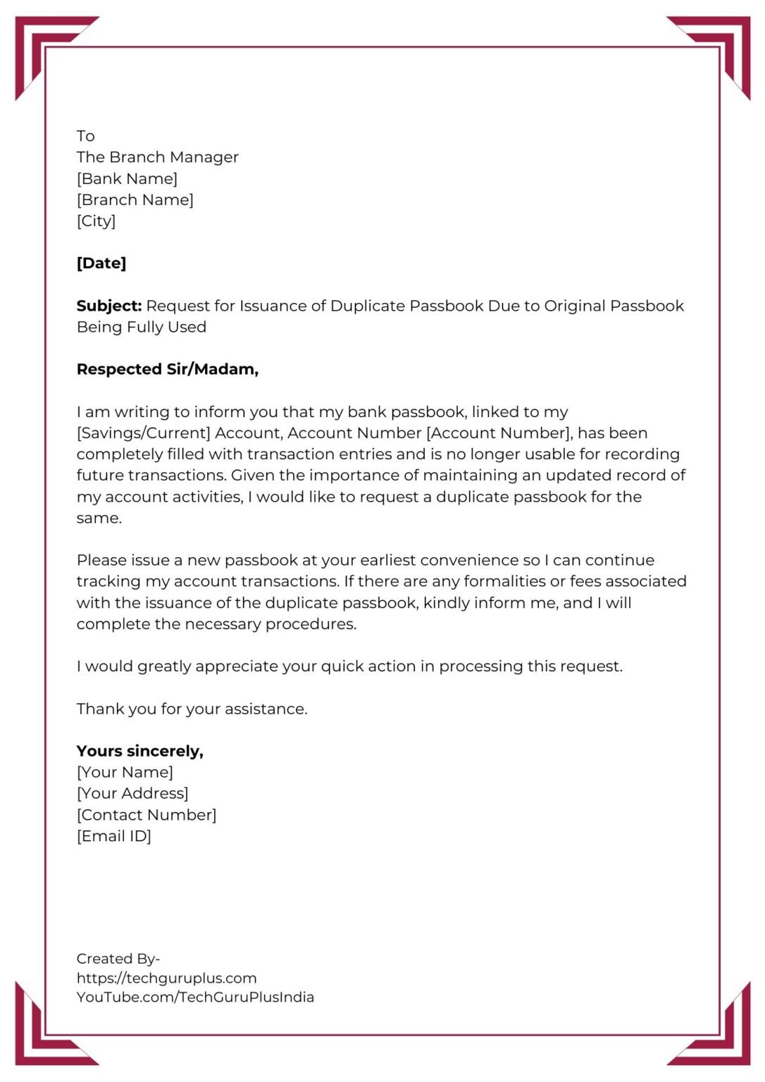 Application for Issuance of Duplicate Bank Passbook from any Bank [5 Format]