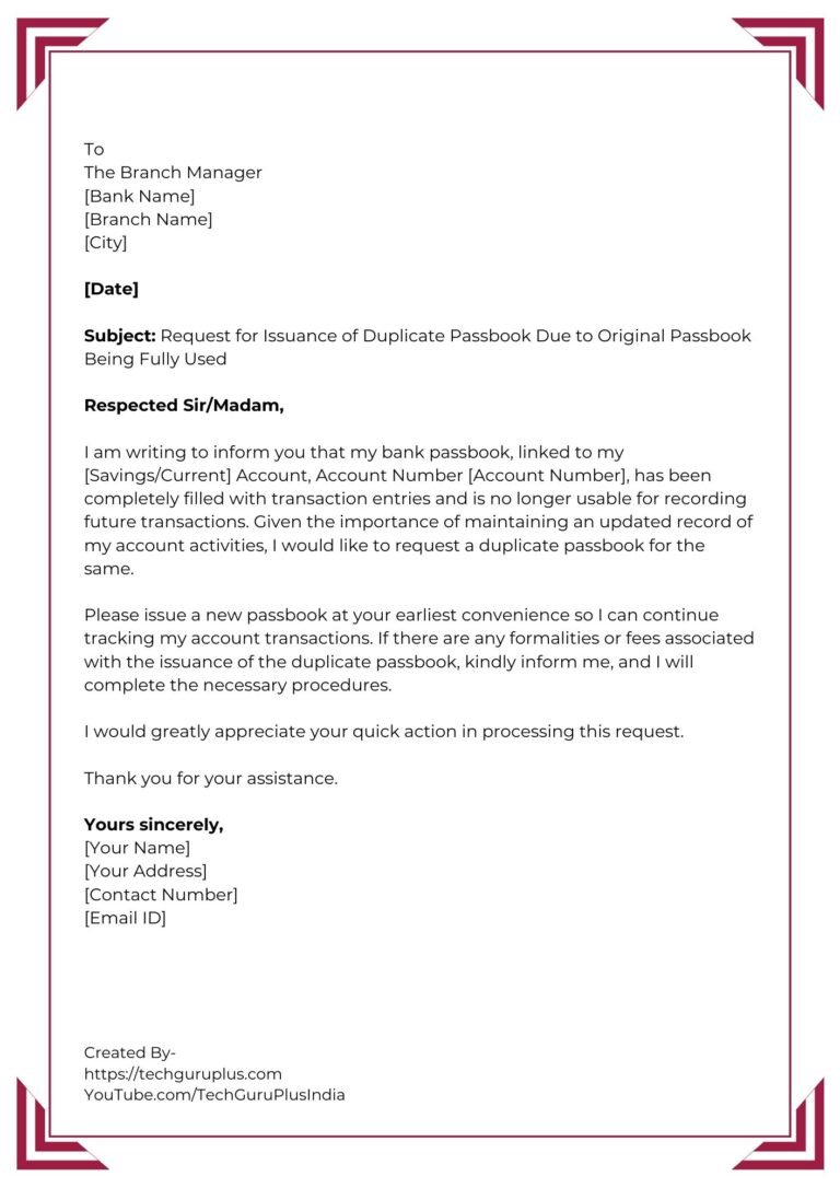 Application for Issuance of Duplicate Bank Passbook from any Bank [5 ...