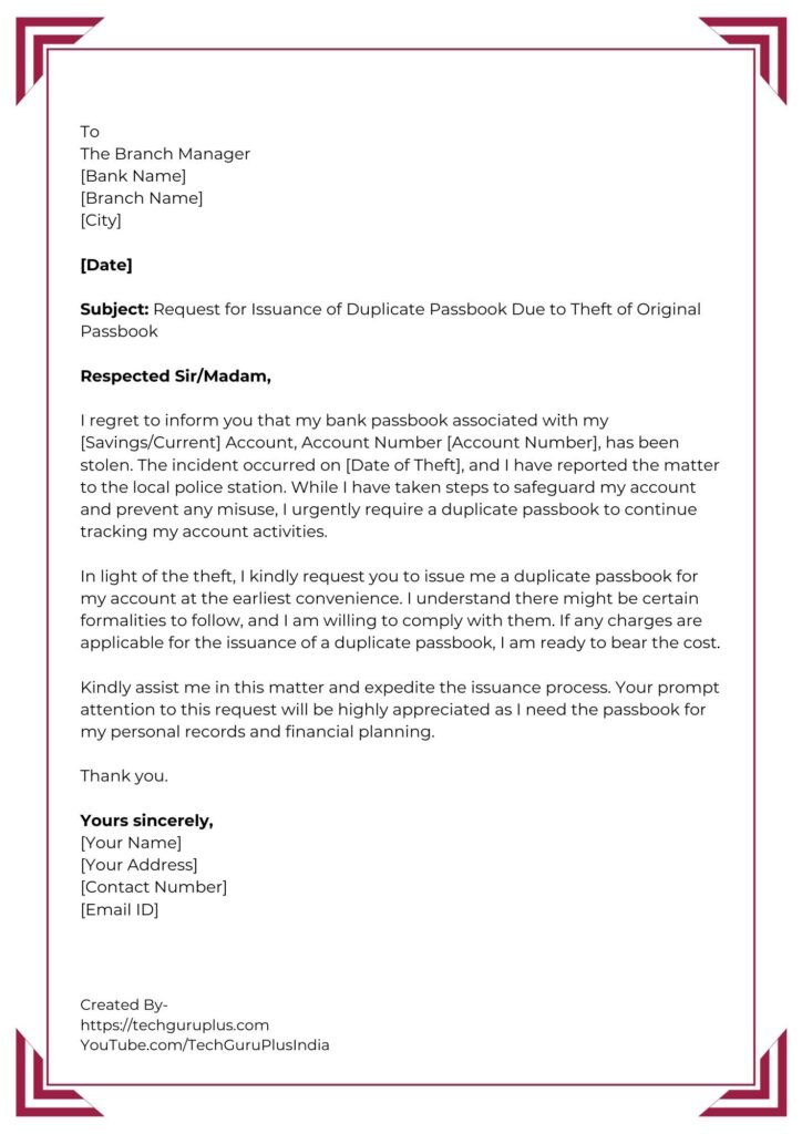 Application for Issuance of Duplicate Bank Passbook from any Bank [5 ...