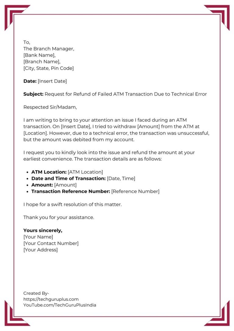 Application for Refund of Failed ATM Transaction from any Bank [5 Format]