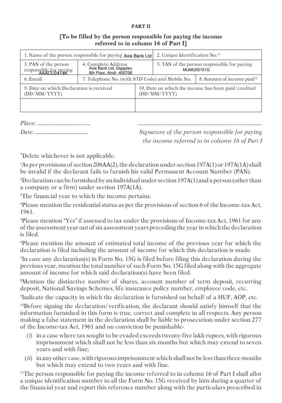 Axis Bank 15G Form Download in PDF