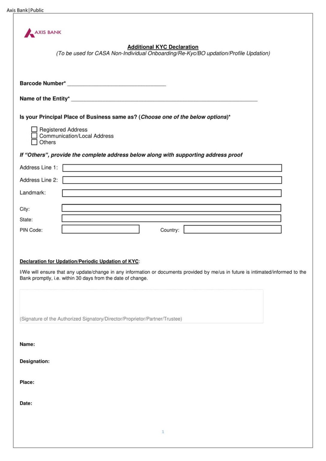 Axis Bank Savings and Current Account Closure Form Download in PDF