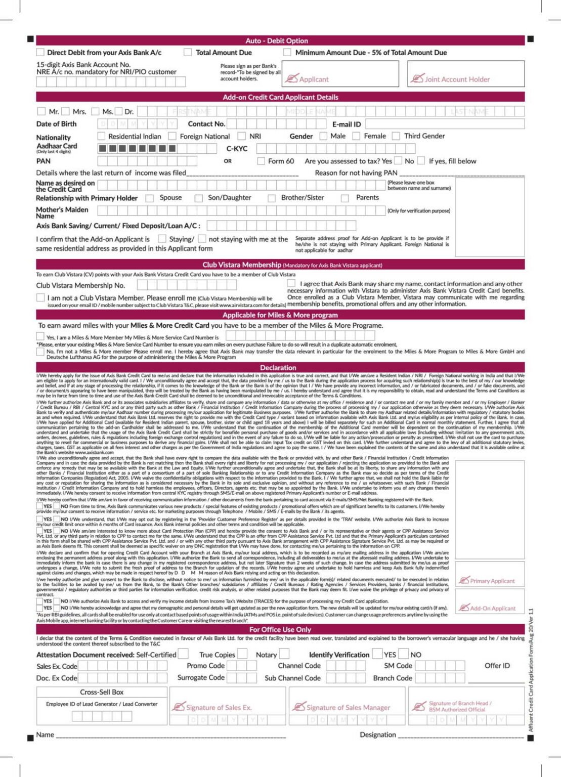 Axis Bank Affluent Credit Card Application Form Download in PDF